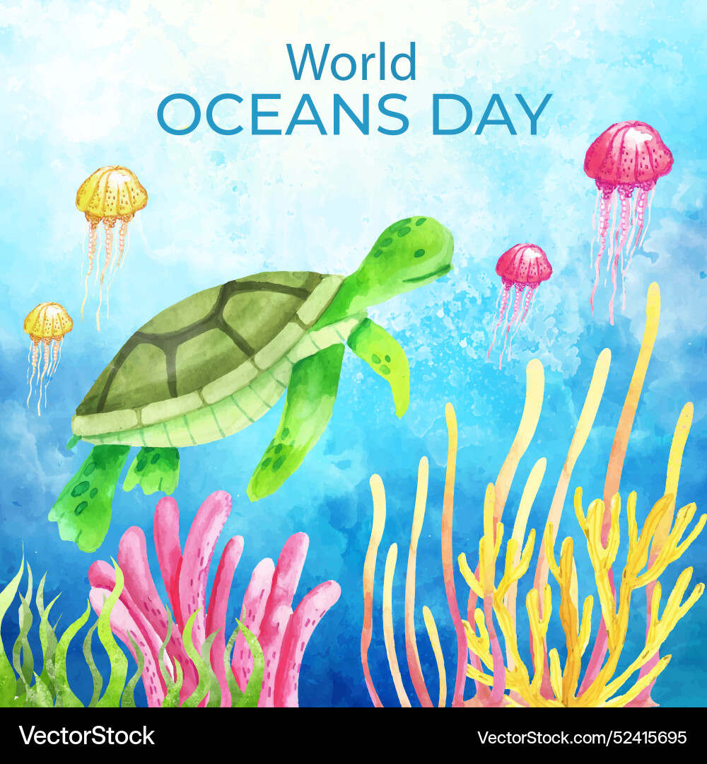 Watercolor world oceans day background Royalty Free Vector