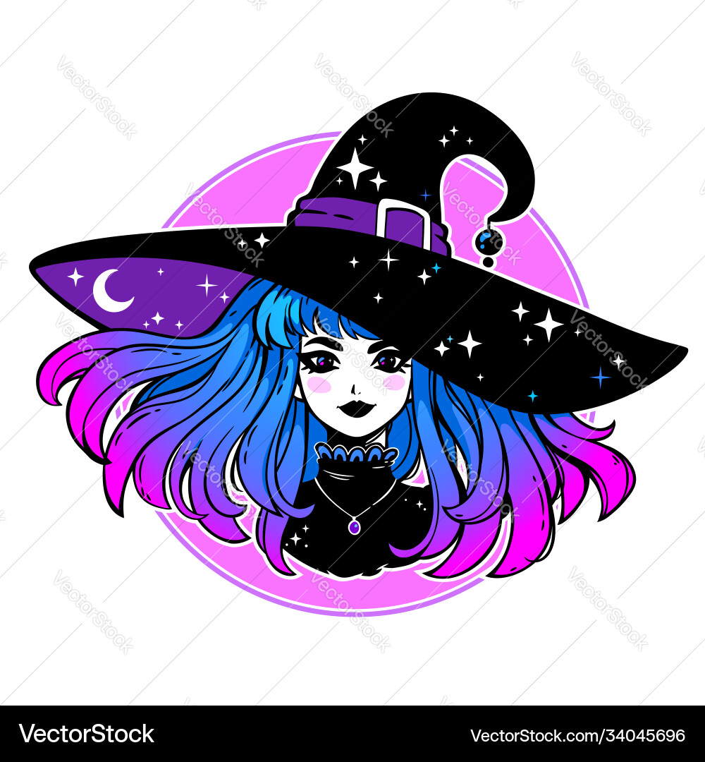 Cute young witch with rainbow hair Royalty Free Vector Image