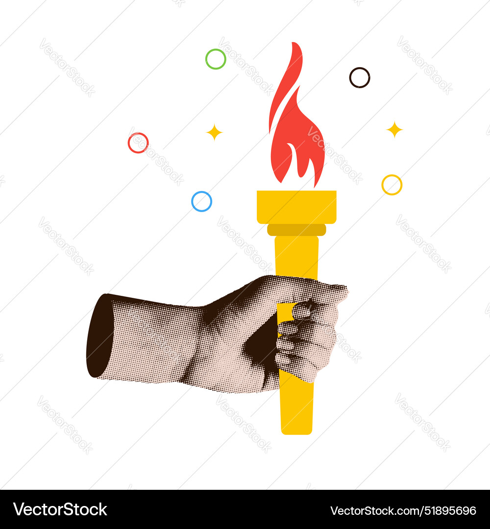 Halftone collage with burning torch in hand Vector Image