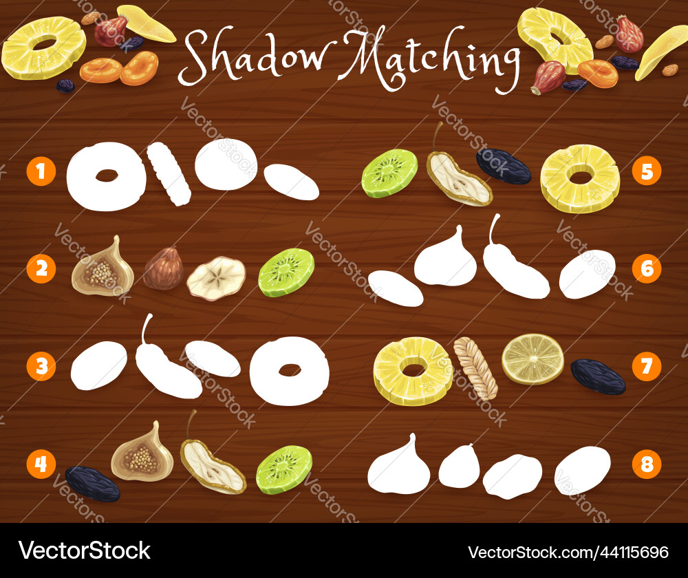 Shadow matching game worksheet with dried fruits Vector Image