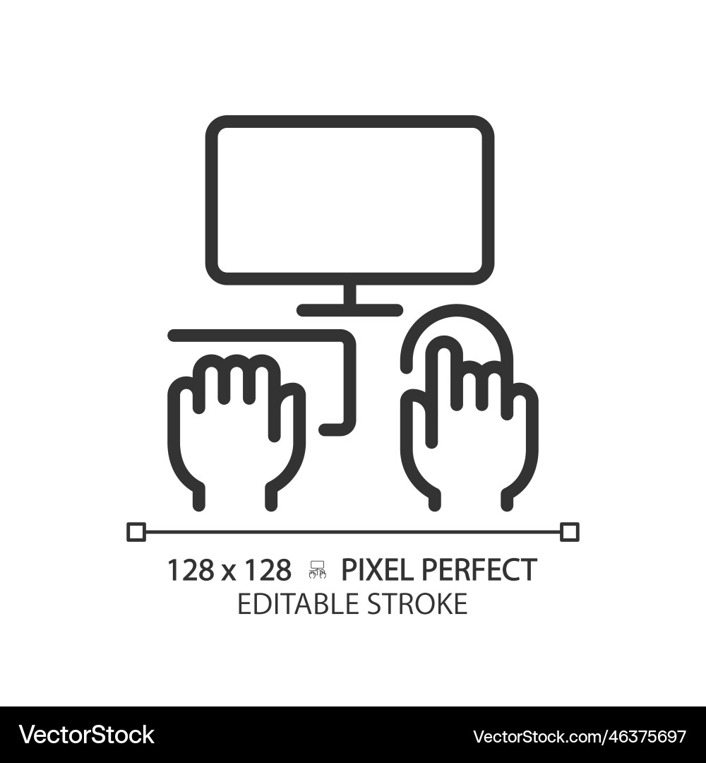 Hands with computer pixel perfect linear icon Vector Image