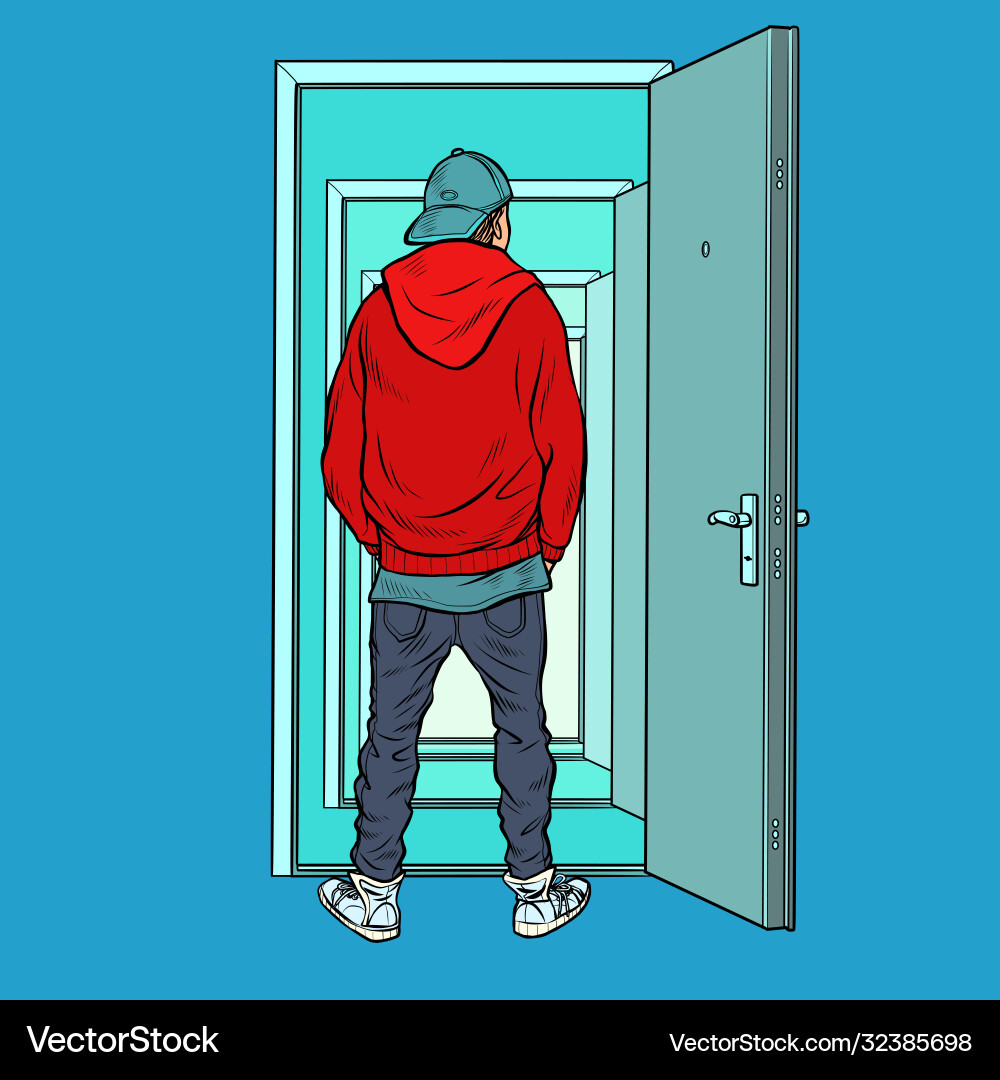 A teenage boy stands on threshold an open Vector Image