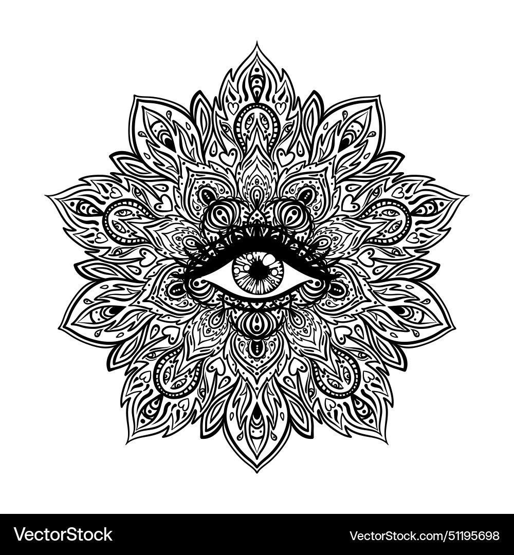 All seeing eye in ornate round mandala pattern Vector Image