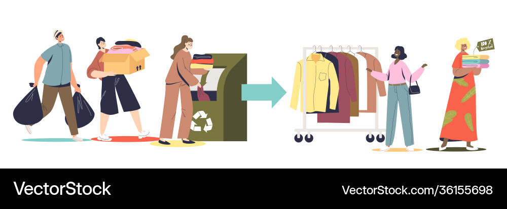 Fabric and textile recycling set with people Vector Image