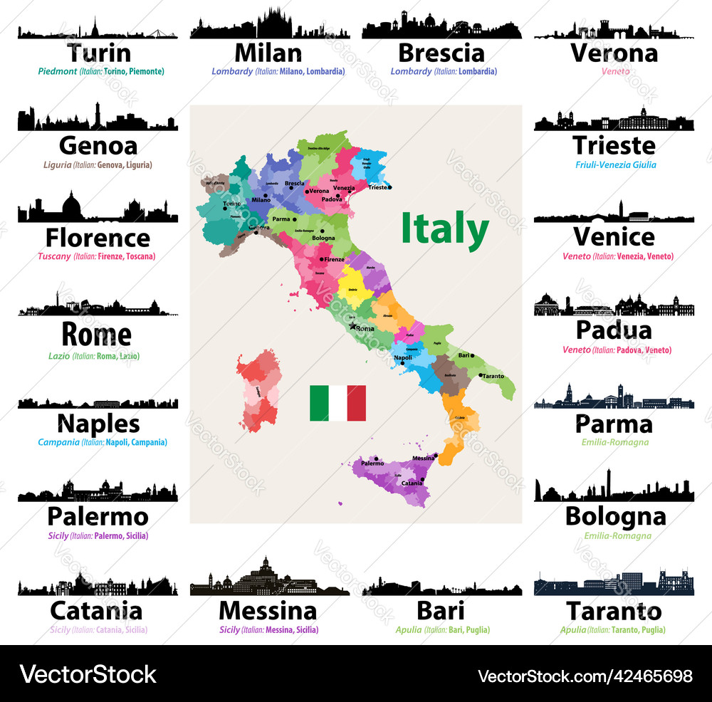 Italy map with largest italian cities skylines Vector Image