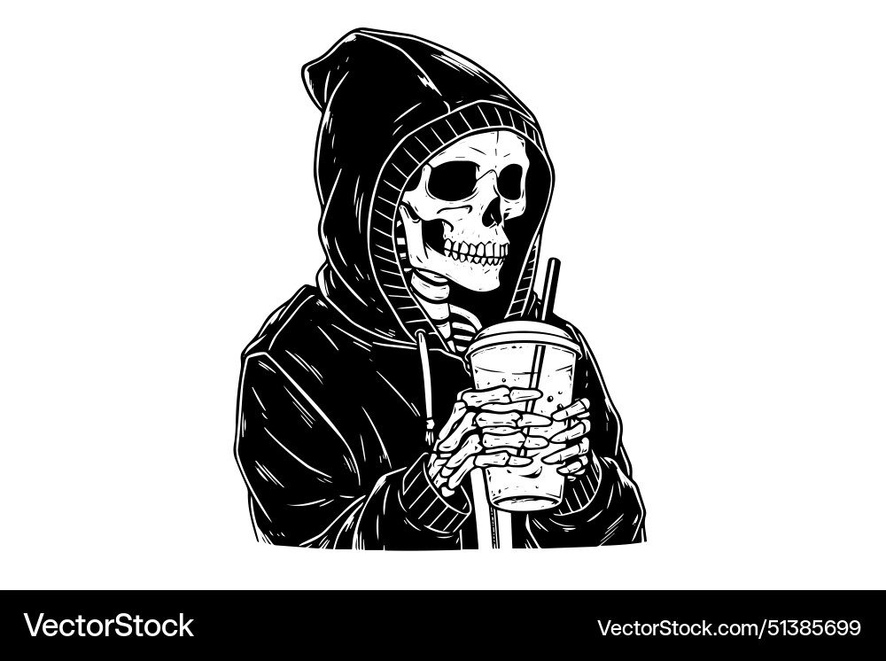 Hooded skeleton is drinking coffee from cup Vector Image
