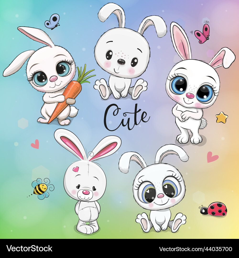 Cartoon white rabbits isolated on a rainbow Vector Image