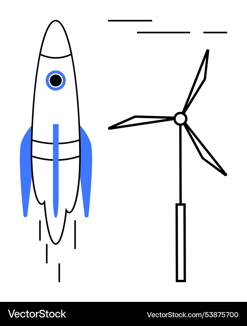 Rocket launch and wind turbine drawing Royalty Free Vector
