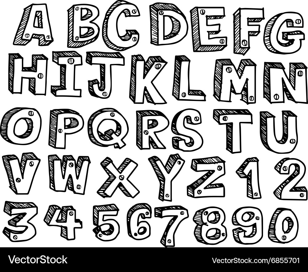 3D Handwritten Doodle Font Royalty Free Vector Image