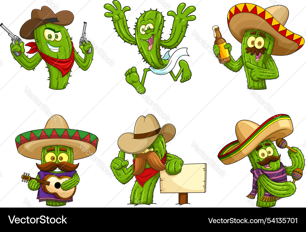 Cactus cartoon characters collection set Vector Image