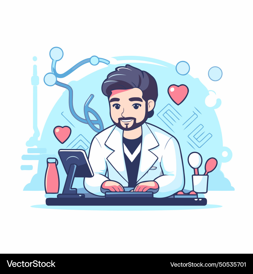 Handsome doctor in lab coat working with computer Vector Image