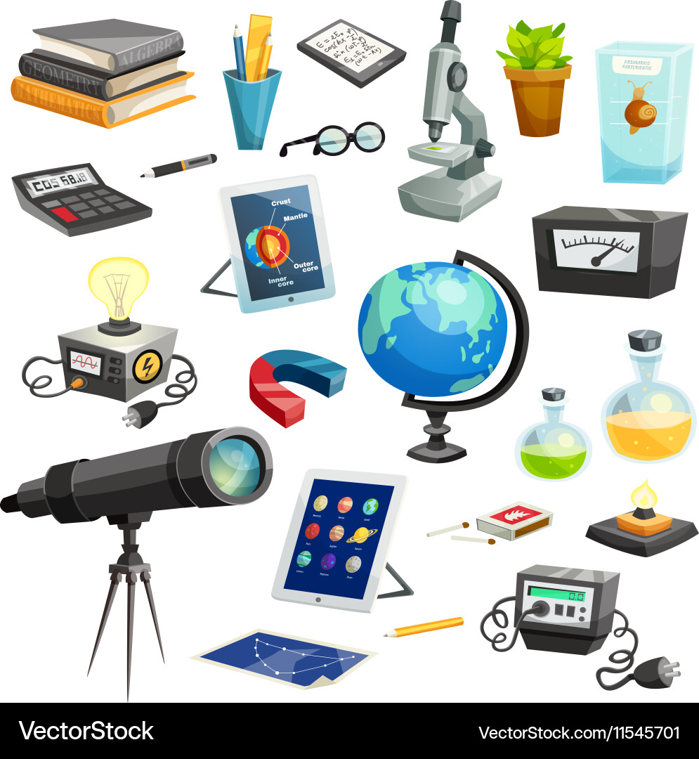 Science elements cartoon set Royalty Free Vector Image