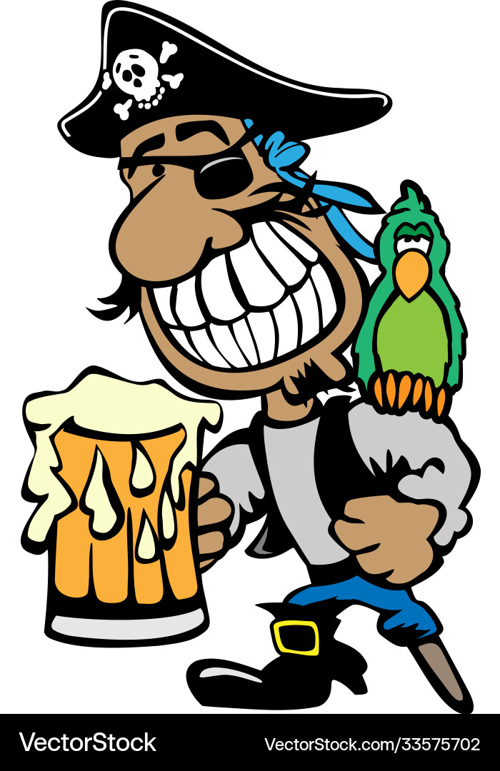 Cartoon partying pirate drinking beer with parrot Vector Image