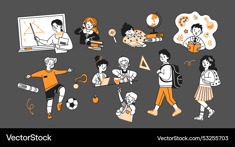 Happy students and teacher doodle line set Vector Image