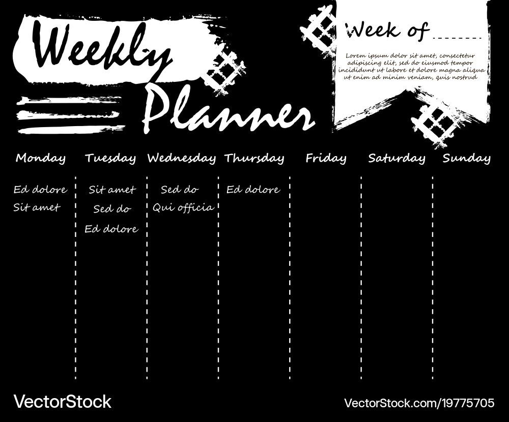 Black and white weekly planner template Royalty Free Vector