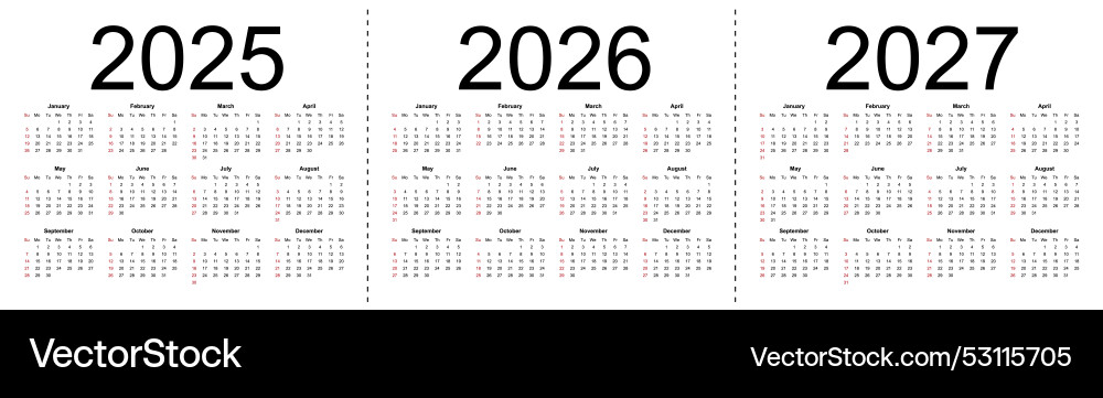 Editable 2025-2027 Calendars – Royalty-Free Vector | VectorStock