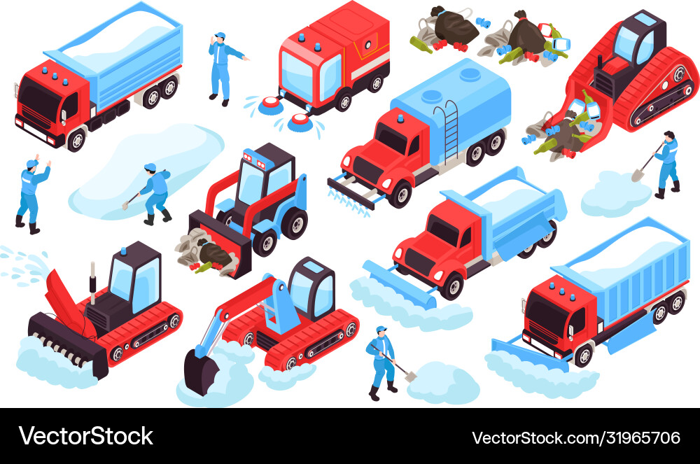 Isometric cleaning vehicles set Royalty Free Vector Image