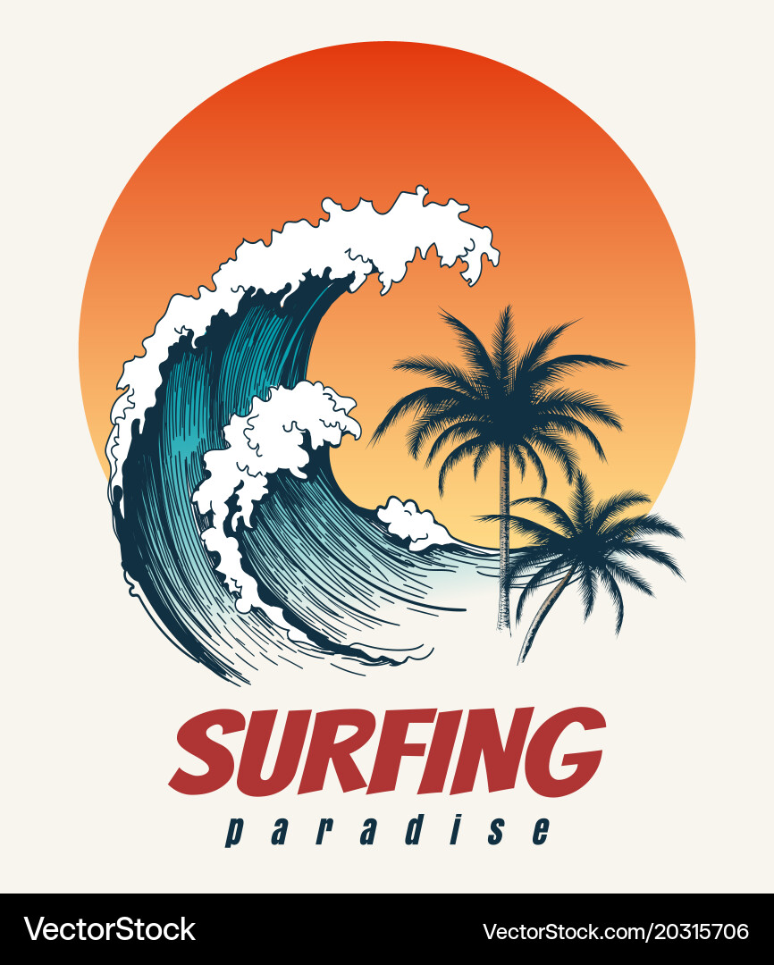 Surfer big wave retro poster Royalty Free Vector Image