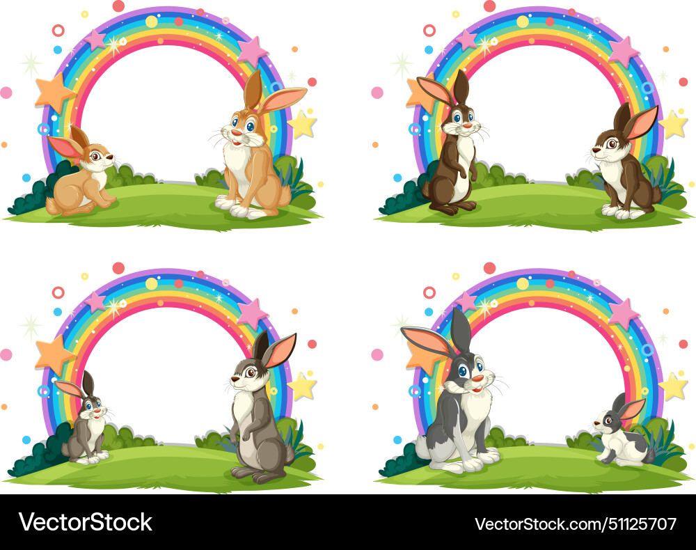 Four scenes of rabbits playing under a rainbow Vector Image
