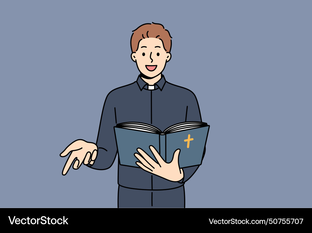 Man priest reads bible and gestures calling on Vector Image