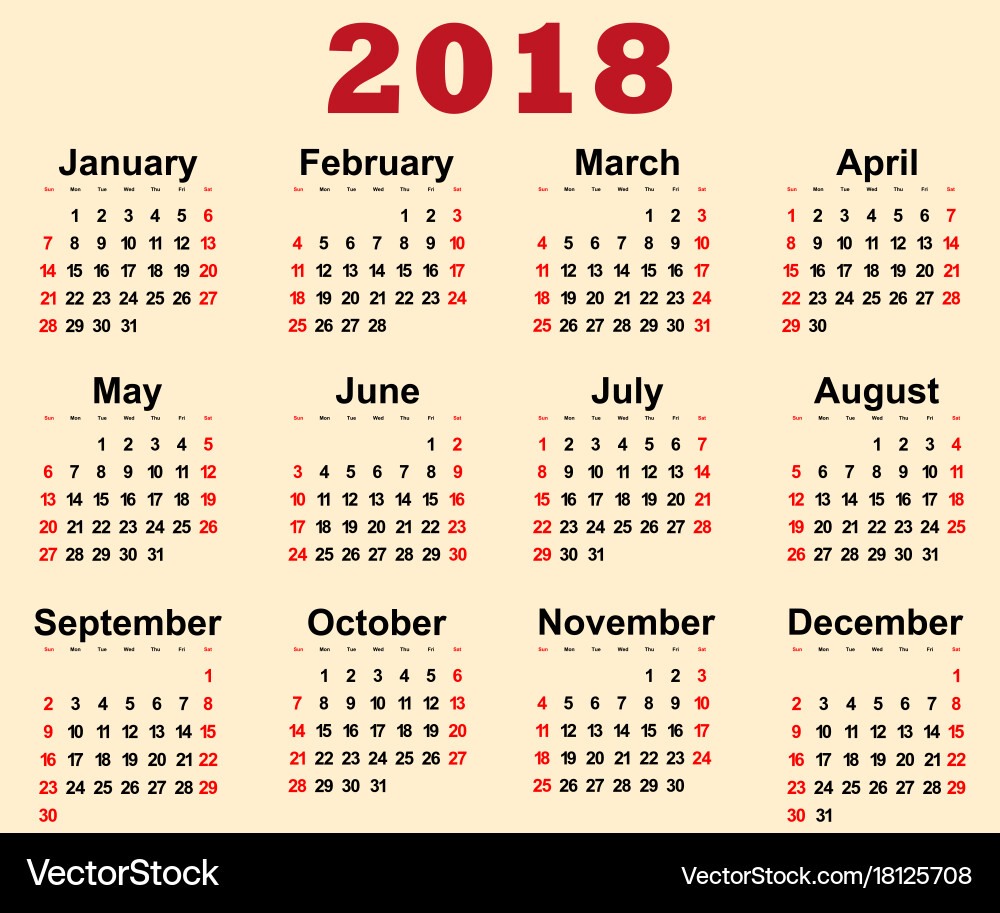 Calendar 2018 year Royalty Free Vector Image - VectorStock