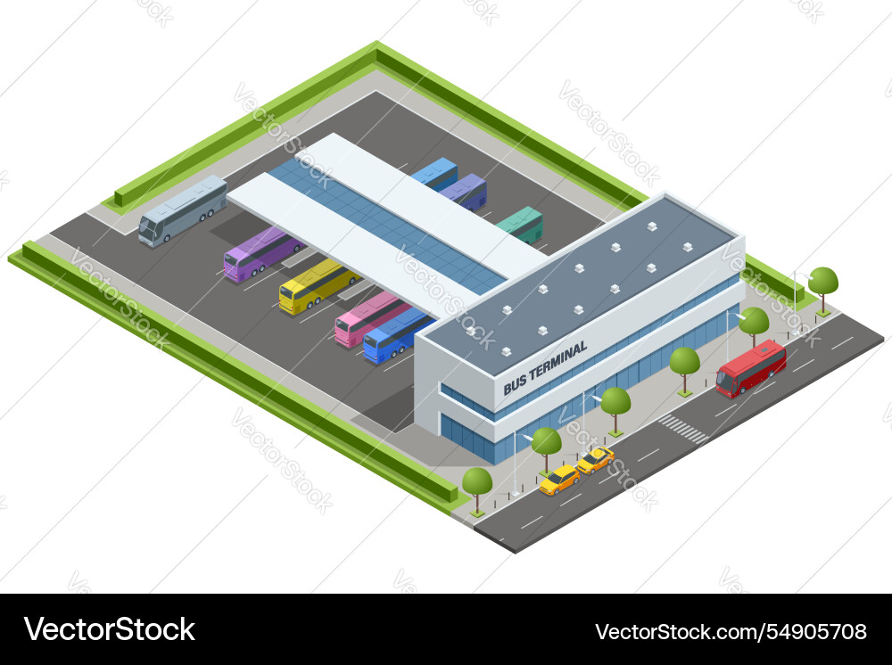 Isometric of a modern bus terminal labeled Vector Image