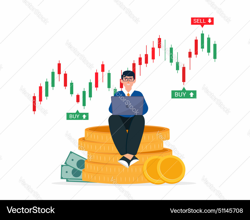 Trader sitting on money stack buy and sell stocks Vector Image