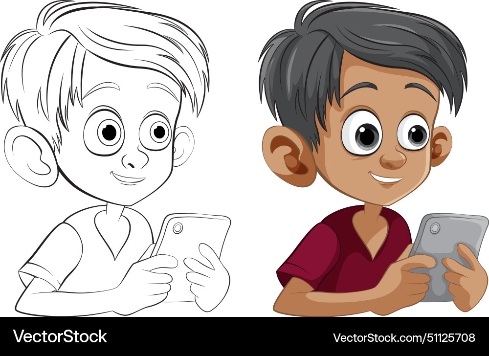 Two boys using smartphones colored and line art Vector Image