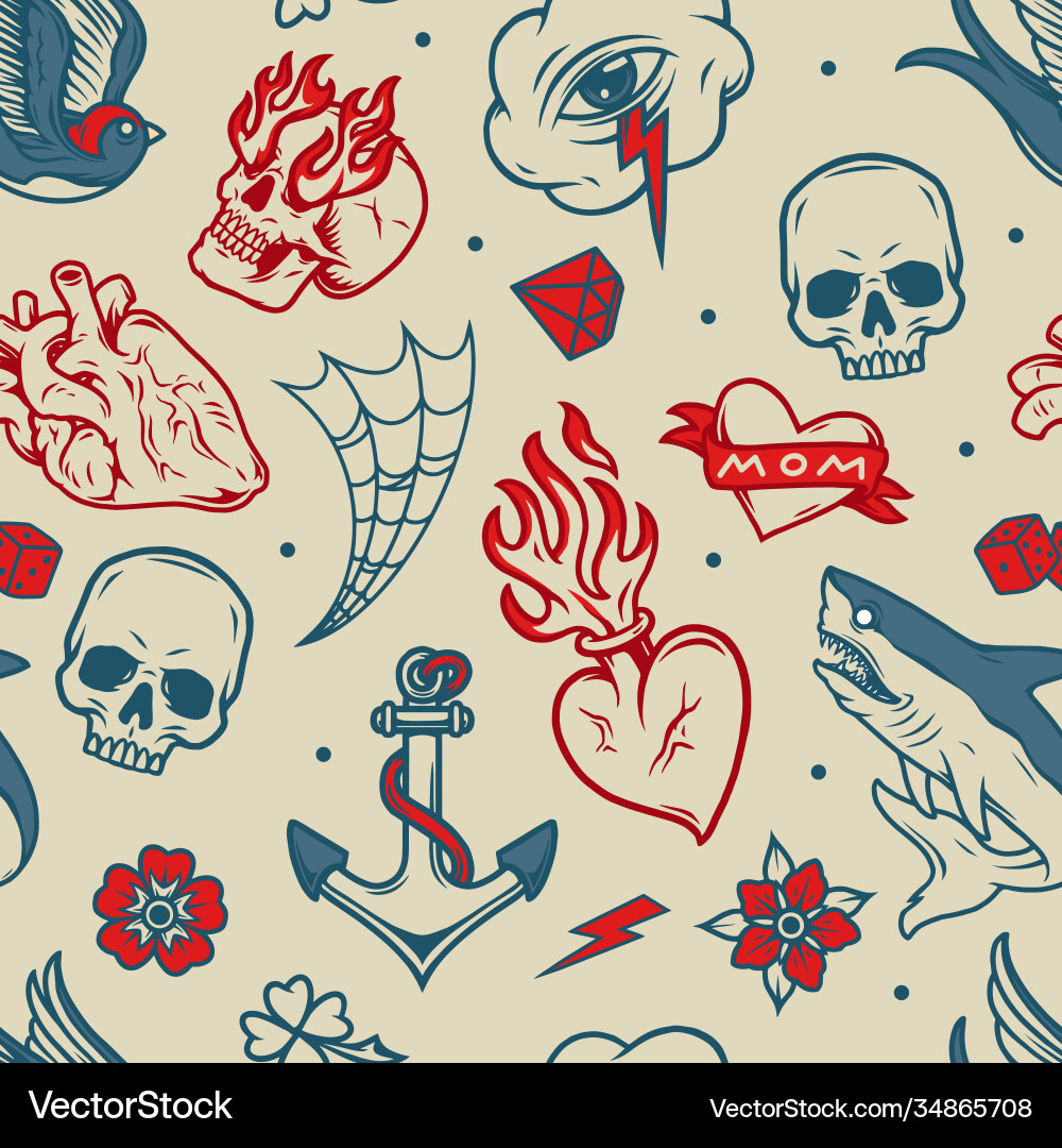 Vintage tattoos seamless pattern Royalty Free Vector Image