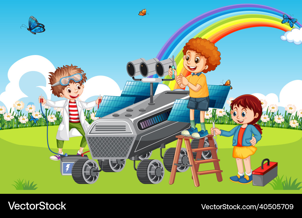 Children fixing a satellite together Royalty Free Vector