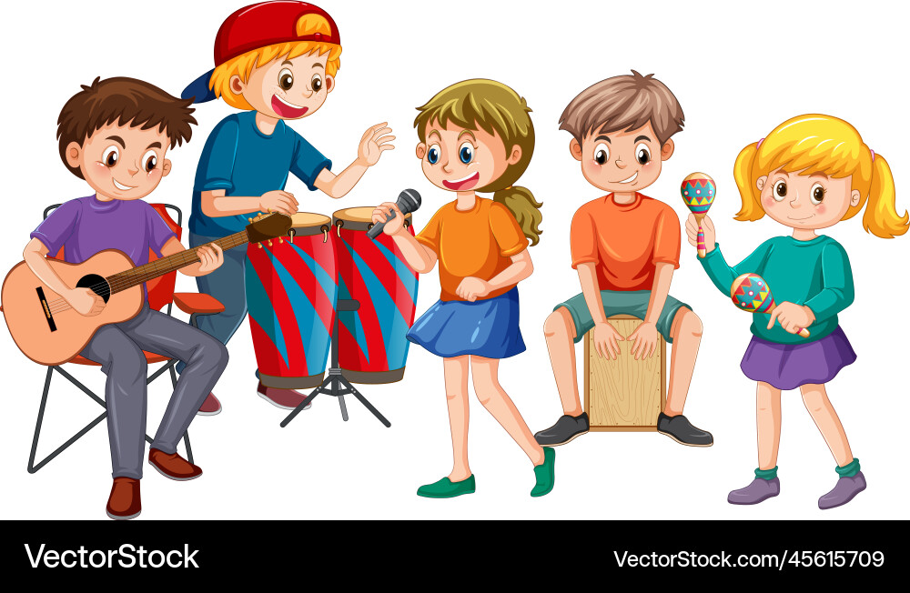 Happy kids playing musical instruments Royalty Free Vector