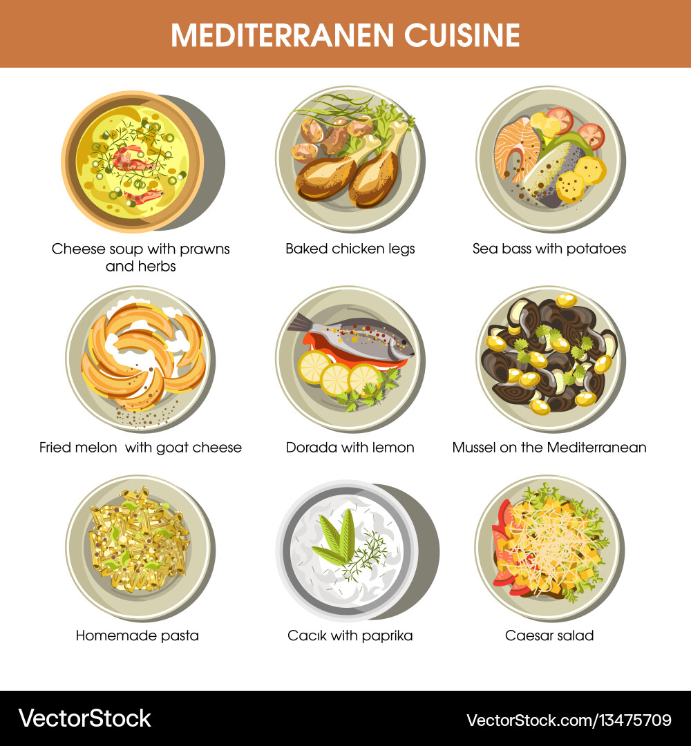 Mediterranean cuisine dishes icons set Royalty Free Vector