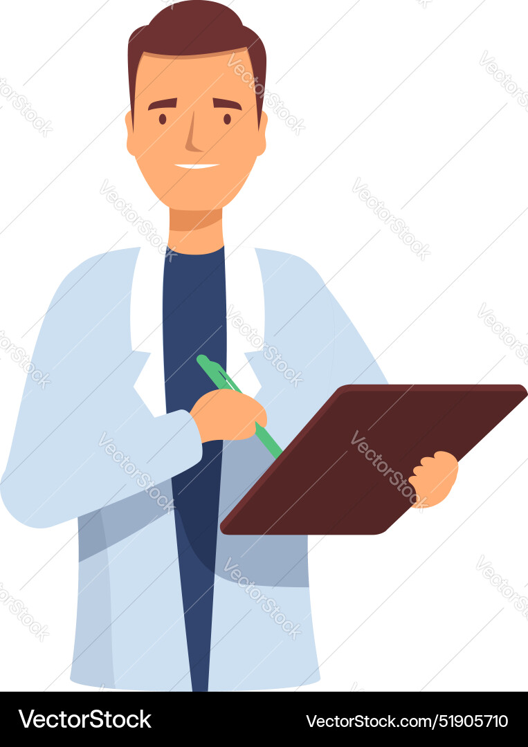 Smiling doctor taking notes on clipboard medical Vector Image