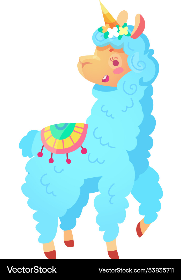This cheerful blue llama prances playfully adorned