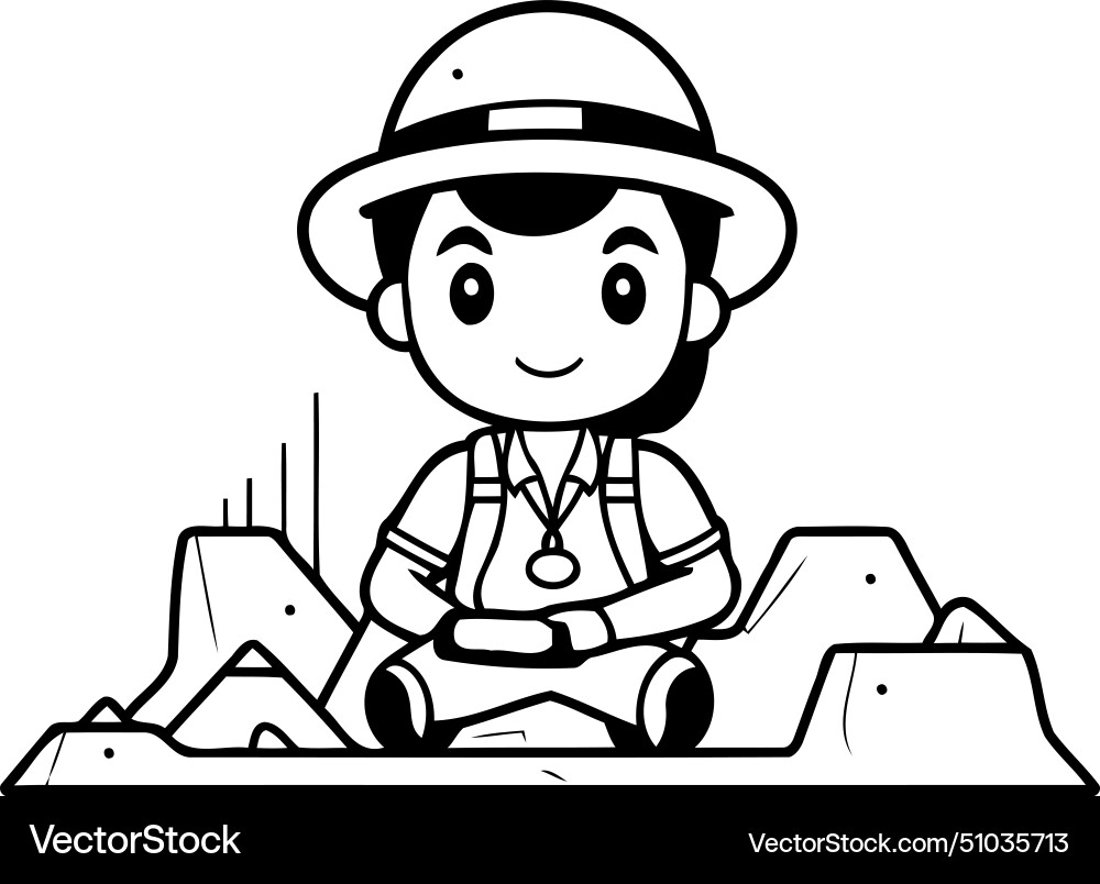 Cute cartoon explorer boy sitting on the ground Vector Image