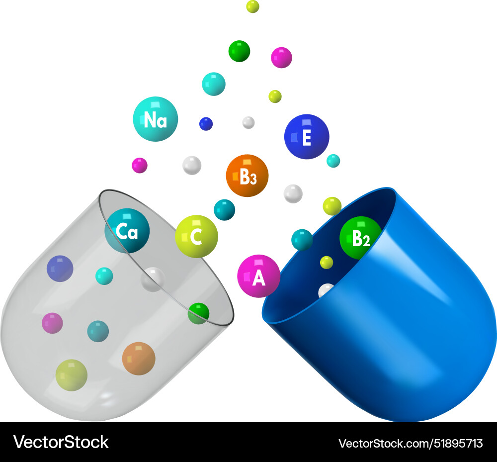 Multivitamin capsule pill open shell Royalty Free Vector
