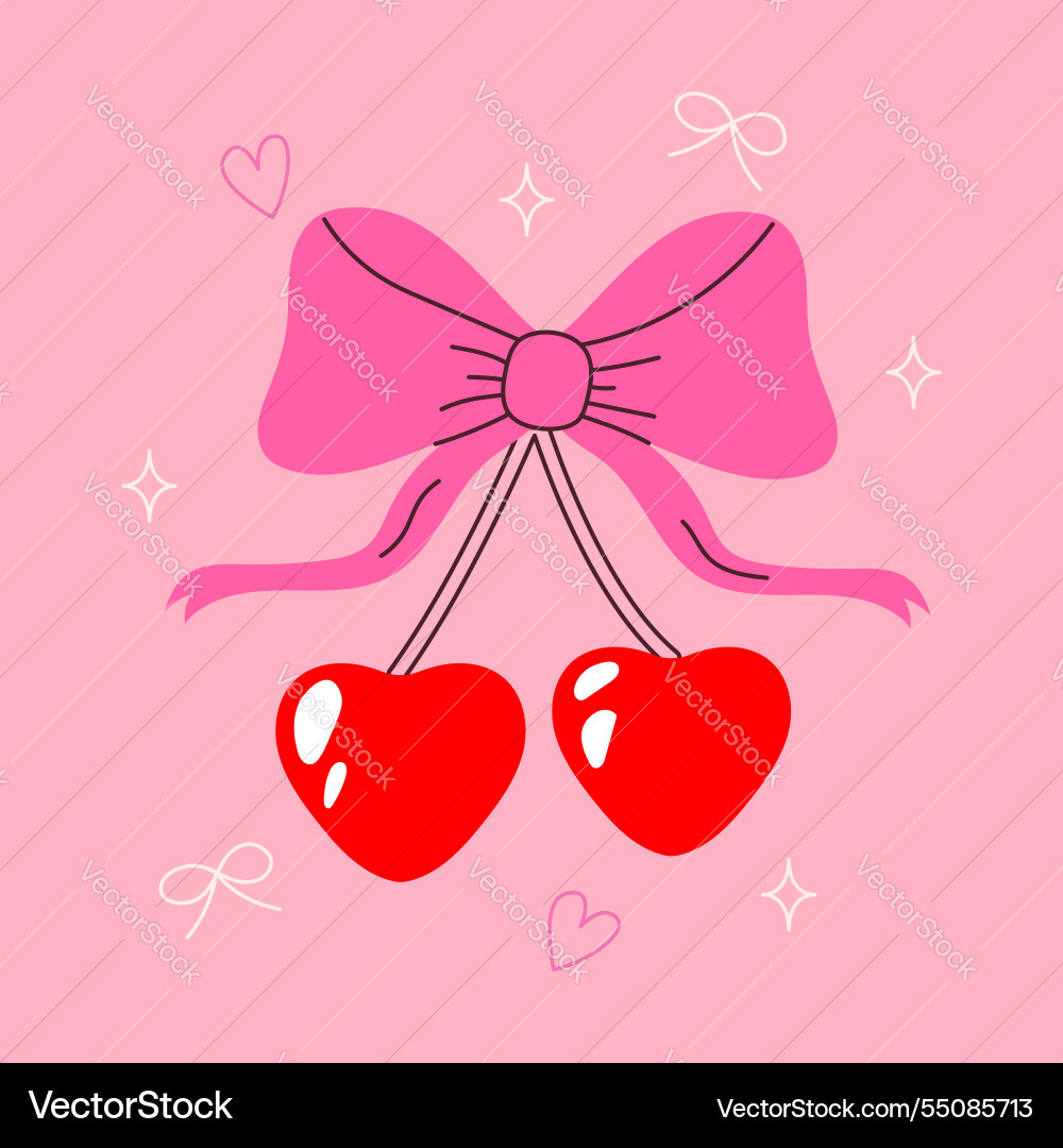 Sweet red cherry with bow cute print Royalty Free Vector