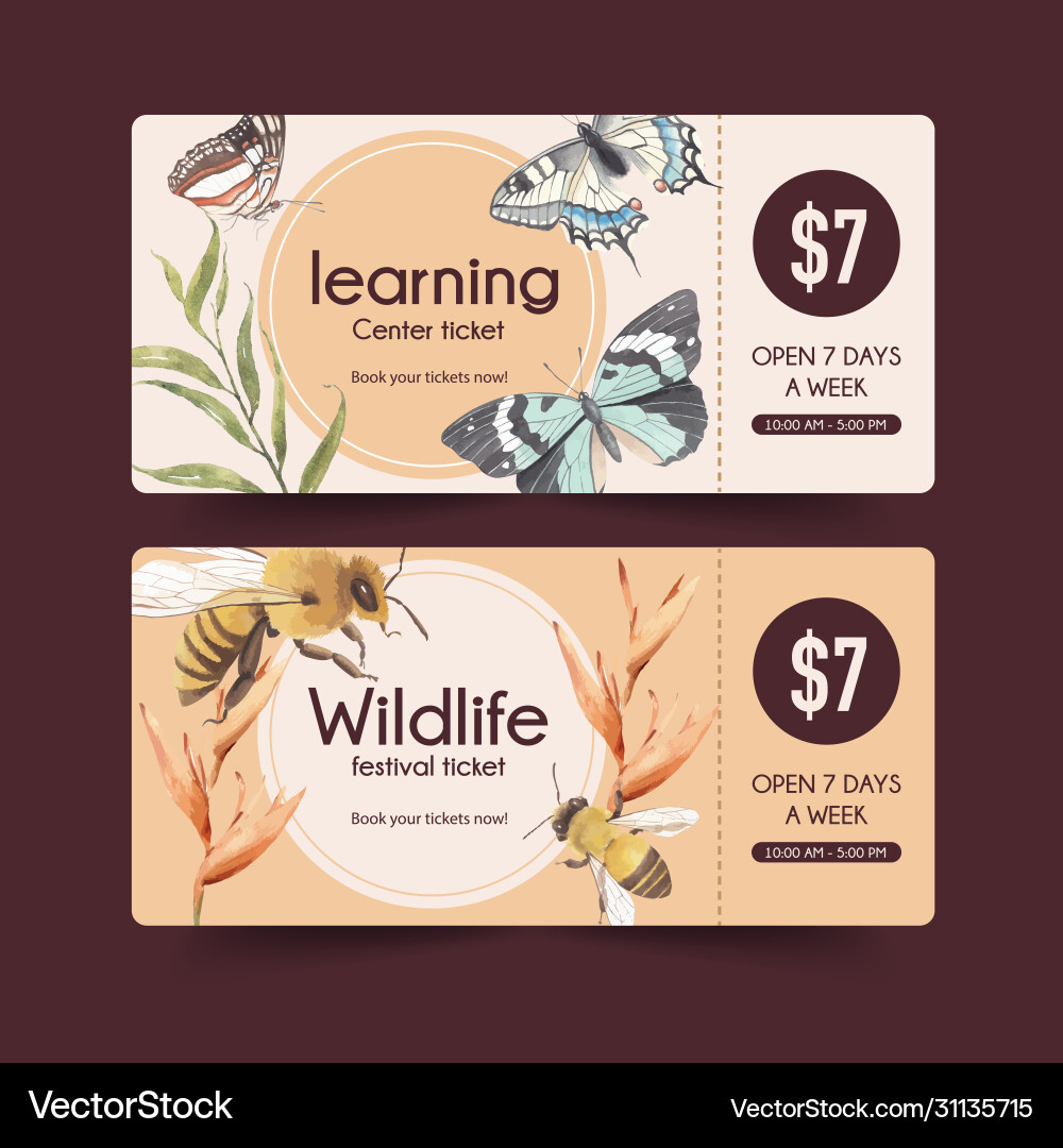 Insect and bird ticket design with butterfly bee Vector Image