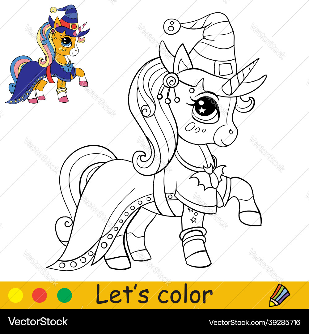 Cute Witch Unicorn Coloring Page Royalty Free Vector Image