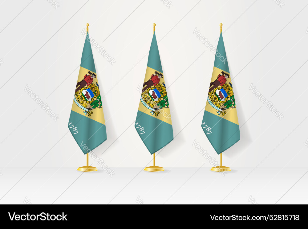 Three delaware flags in a row on a golden stand Vector Image