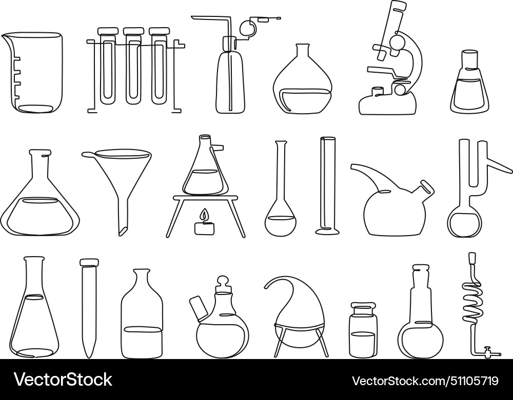 Continuous one line lab equipment beakers test Vector Image
