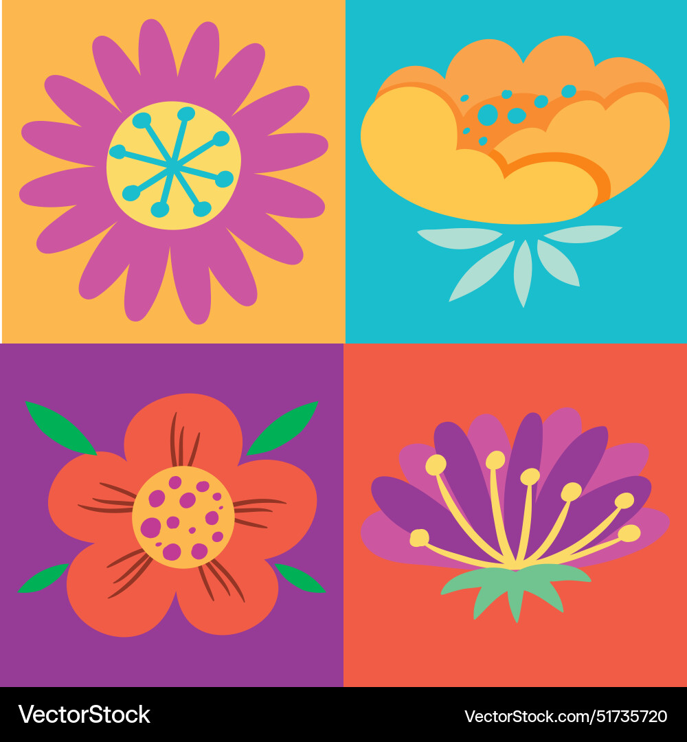Four vibrant flowers in a grid layout Royalty Free Vector