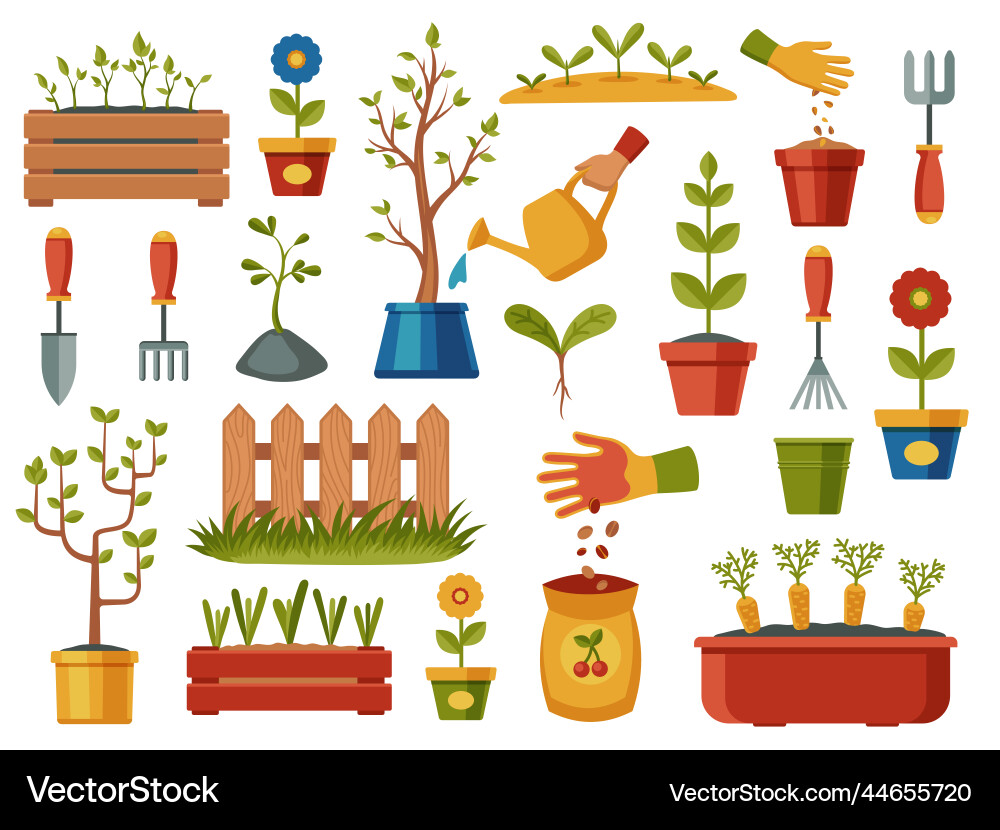 Planting seeds collection cartoon garden tools Vector Image