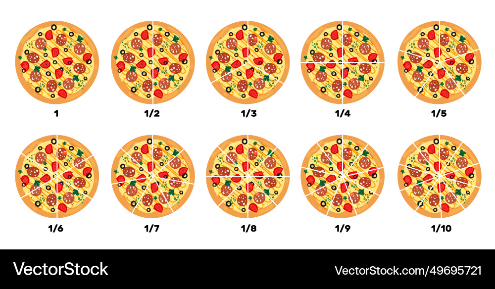 Pizza with fractions food pieces mathematical Vector Image