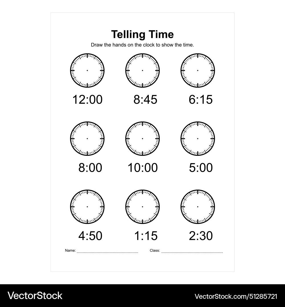 Time and clock worksheets math Royalty Free Vector Image