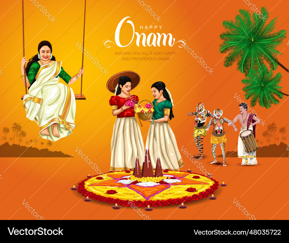 Kerala Onam Family Swing Celebration Royalty Free Vector