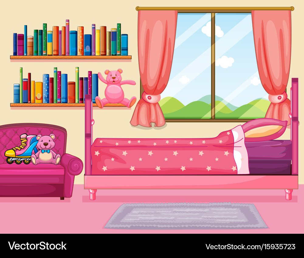 Bedroom scene with pink bed Royalty Free Vector Image