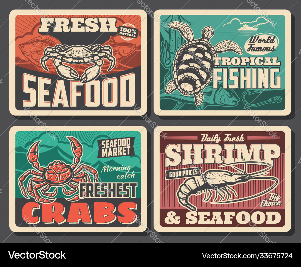 King or shear crab turtle shrimp retro posters Vector Image