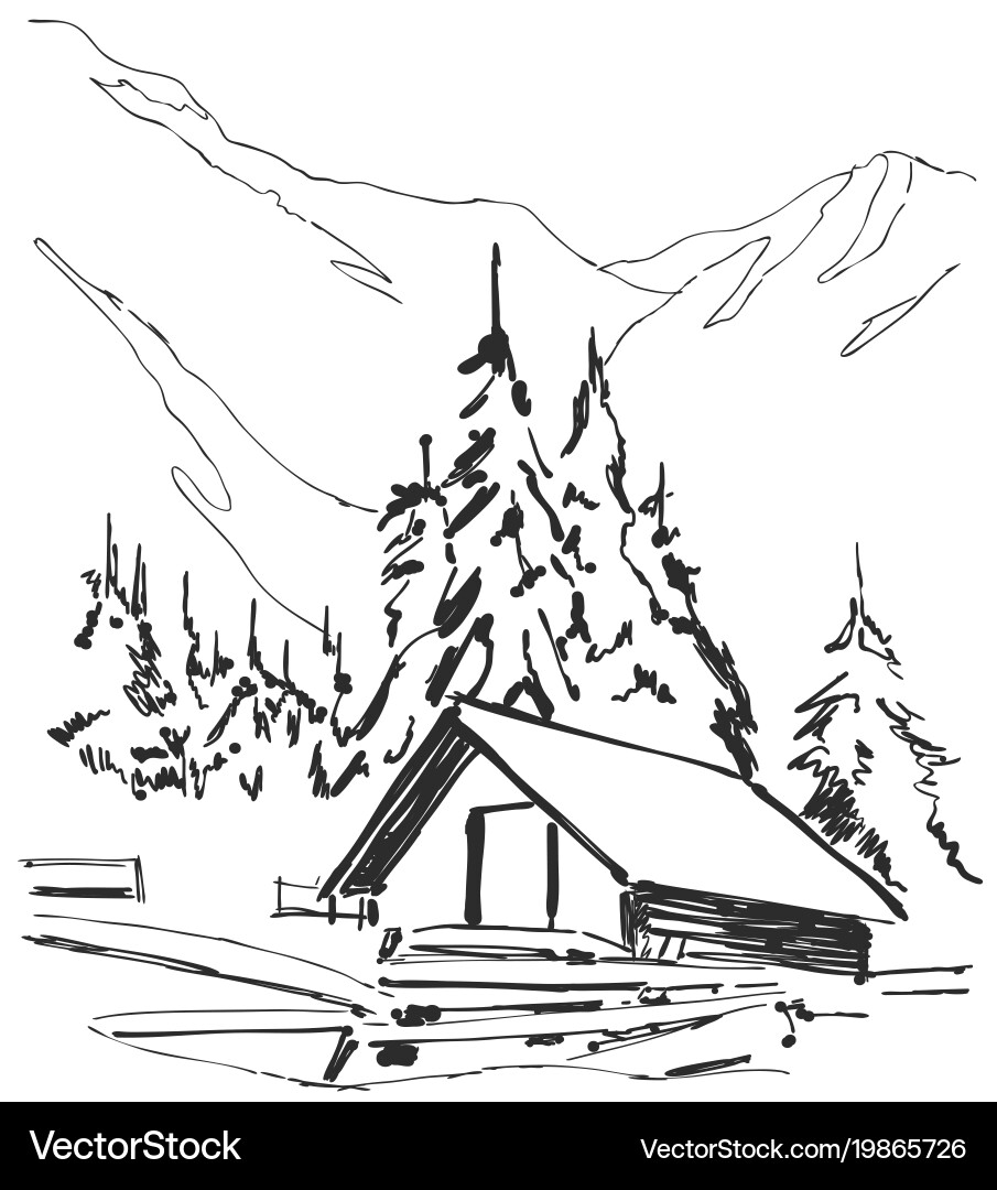 Wood cabins in mountain landscape Royalty Free Vector Image