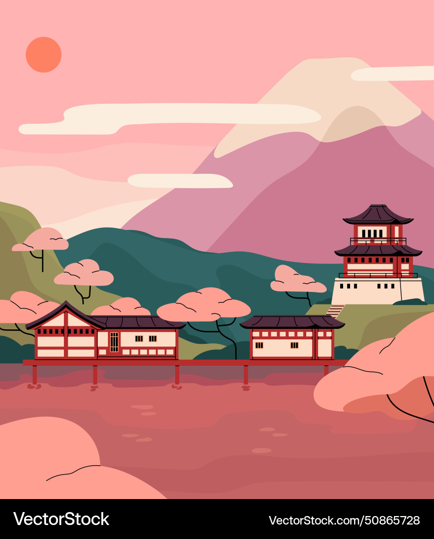 Spring nature in asia- mountains sakura tree Vector Image